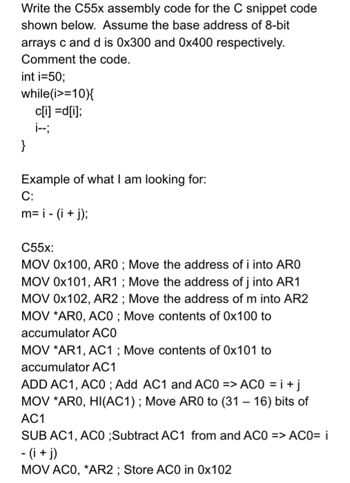 Write the C55x assembly code for the C snippet code | Chegg.com