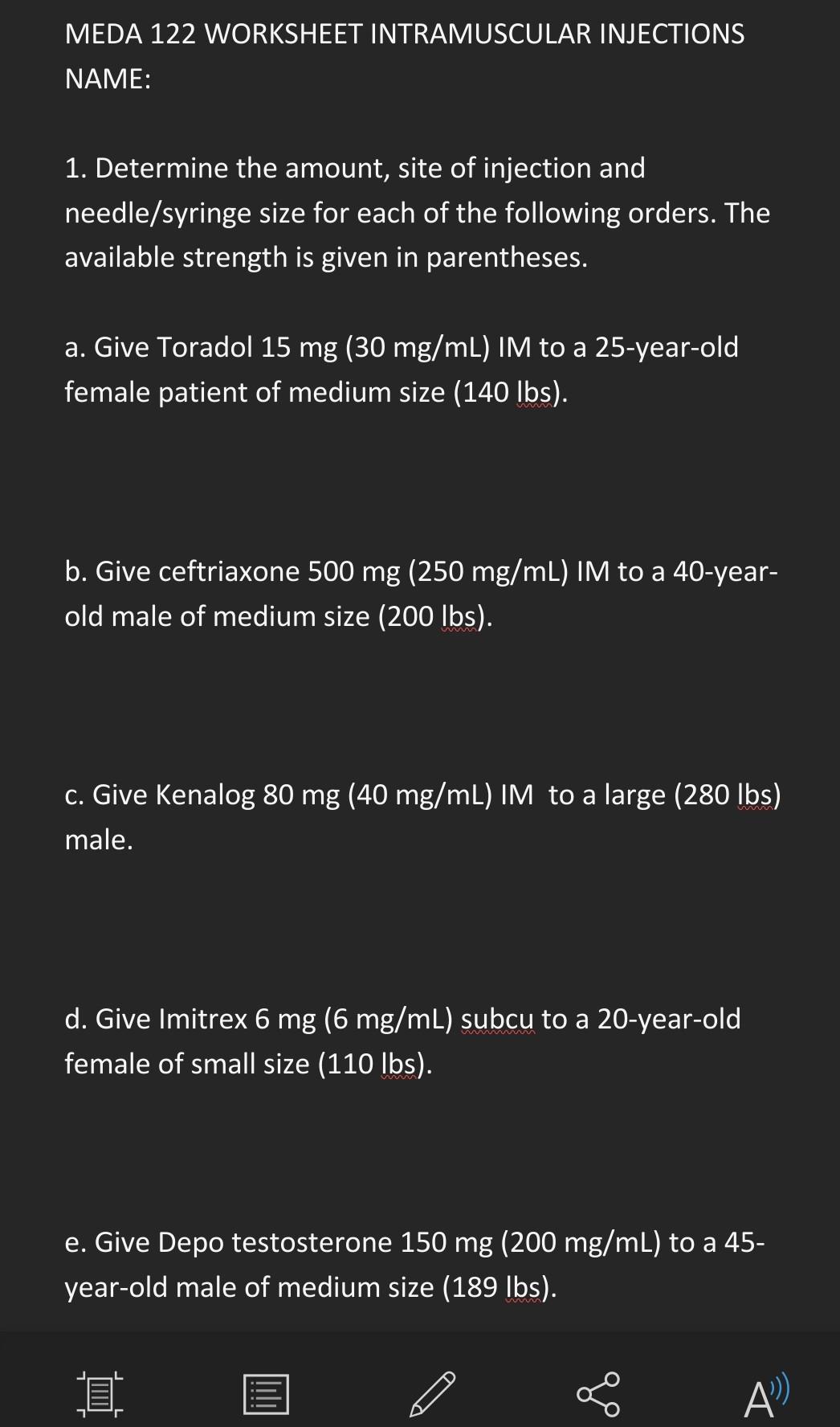 Solved MEDA 122 WORKSHEET INTRAMUSCULAR INJECTIONS NAME: 1. | Chegg.com