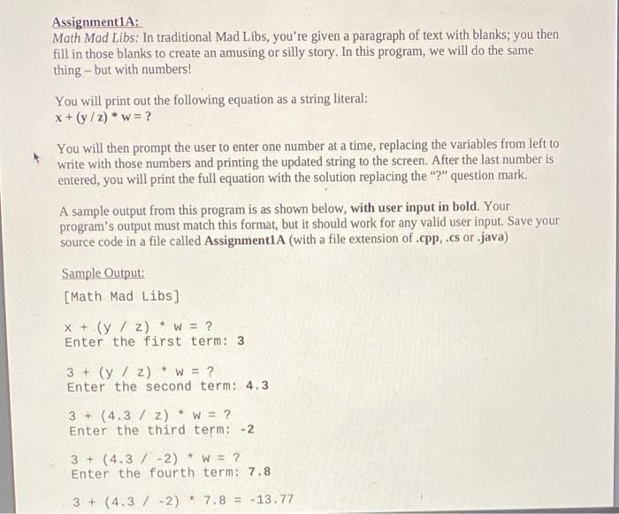 Solved Assignment1A: Math Mad Libs: In traditional Mad Libs, | Chegg.com