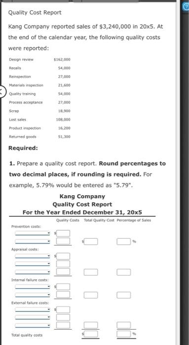 Solved Quality Cost Report Kang Company reported sales of | Chegg.com Solved Quality Cost Report Kang Company reported sales of | Chegg.com