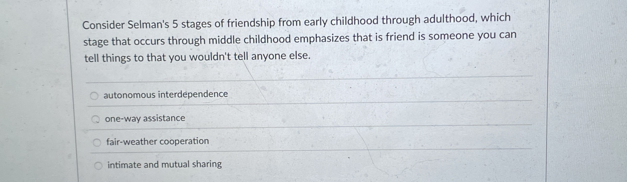 Solved Consider Selman's 5 ﻿stages of friendship from early | Chegg.com