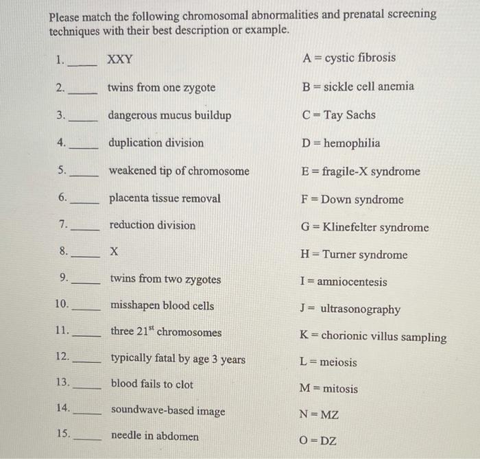 Solved Please match the following chromosomal abnormalities | Chegg.com