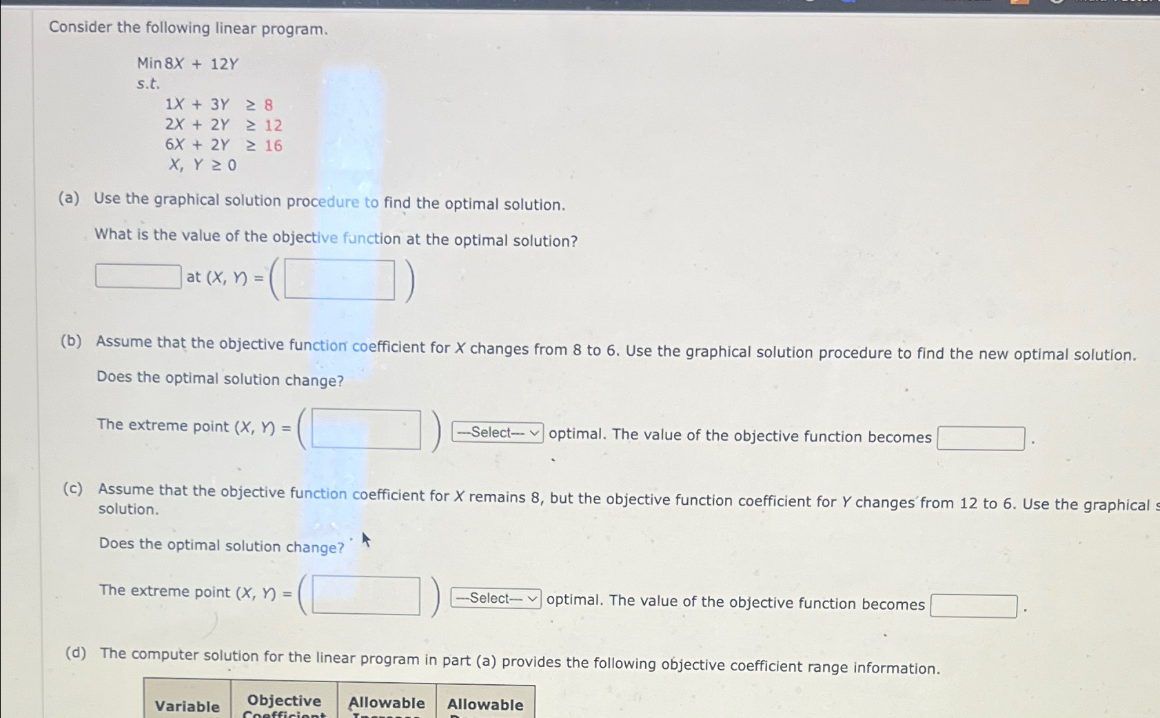 Solved Consider the following linear program. ﻿Min 8x+12Y | Chegg.com