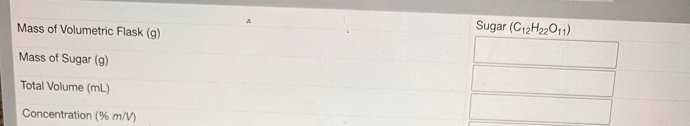 Solved Mass of Volumetric Flask (g)Mass of Sugar ( ﻿g )Total | Chegg.com