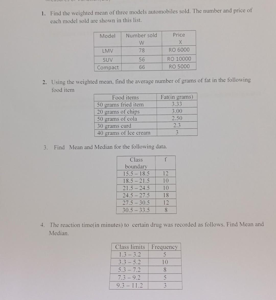 Solved 1. Find the weighted mean of three models automobiles | Chegg.com