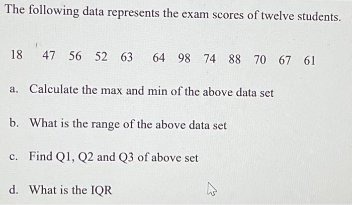 Solved The following data represents the exam scores of | Chegg.com