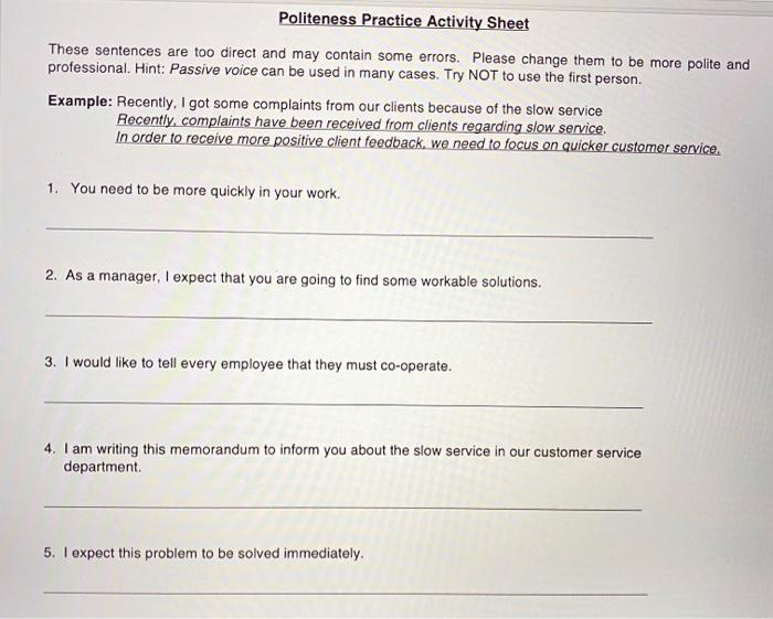 Solved Politeness Practice Activity Sheet These sentences | Chegg.com