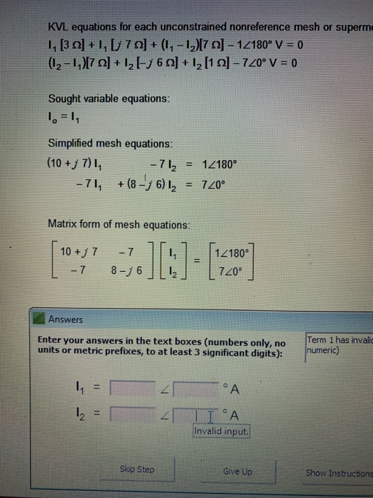 Solved please help solve for I1, I2 mesh equations given | Chegg.com