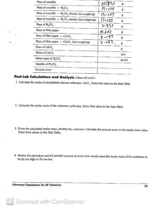 Solved Experiment 3 Gravimetric Analysis of a Metal | Chegg.com