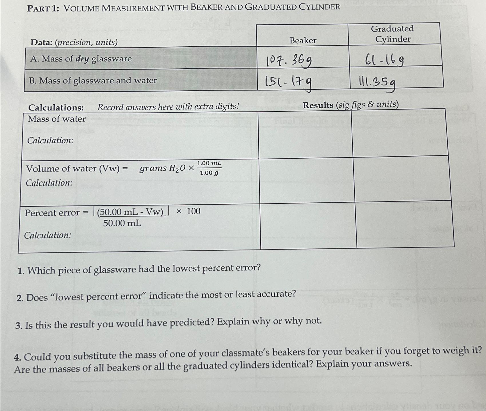 Solved PART 1: VOLUME MEASUREMENT WITH BEAKER AND GRADUATED | Chegg.com
