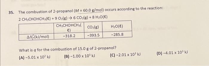 Solved + 35. The combustion of 2-propanol (M = 60.0 g/mol) | Chegg.com