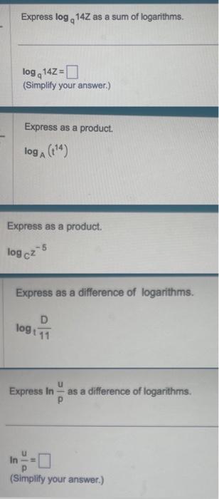 Solved Express logq14Z as a sum of logarithms. logq14Z= | Chegg.com