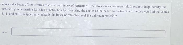 Solved You send a beam of light from a material with index | Chegg.com