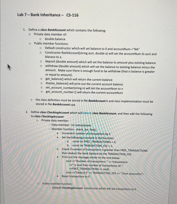 Solved 1. Define a class BankAccount which contains the | Chegg.com