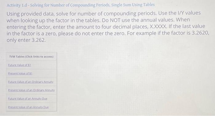 Solved Activity 1.d - Solving for Number of Compounding | Chegg.com