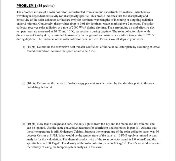 Solved PROBLEM 1 (35 points) The absorber surface of a solar | Chegg.com