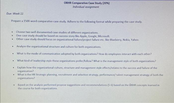 Solved Due: Week 11 Prepare a 1500-word comparative case | Chegg.com