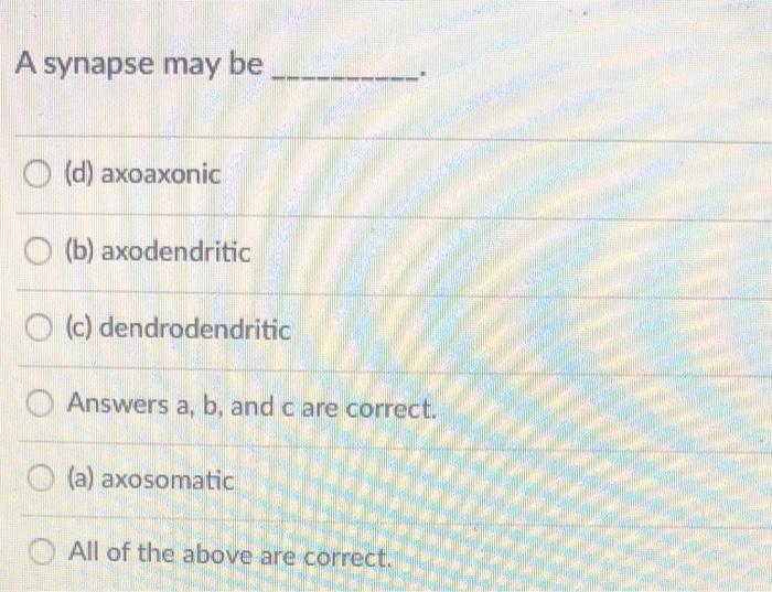 Solved A synapse may be (d) axoaxonic (b) axodendritic O (c) | Chegg.com