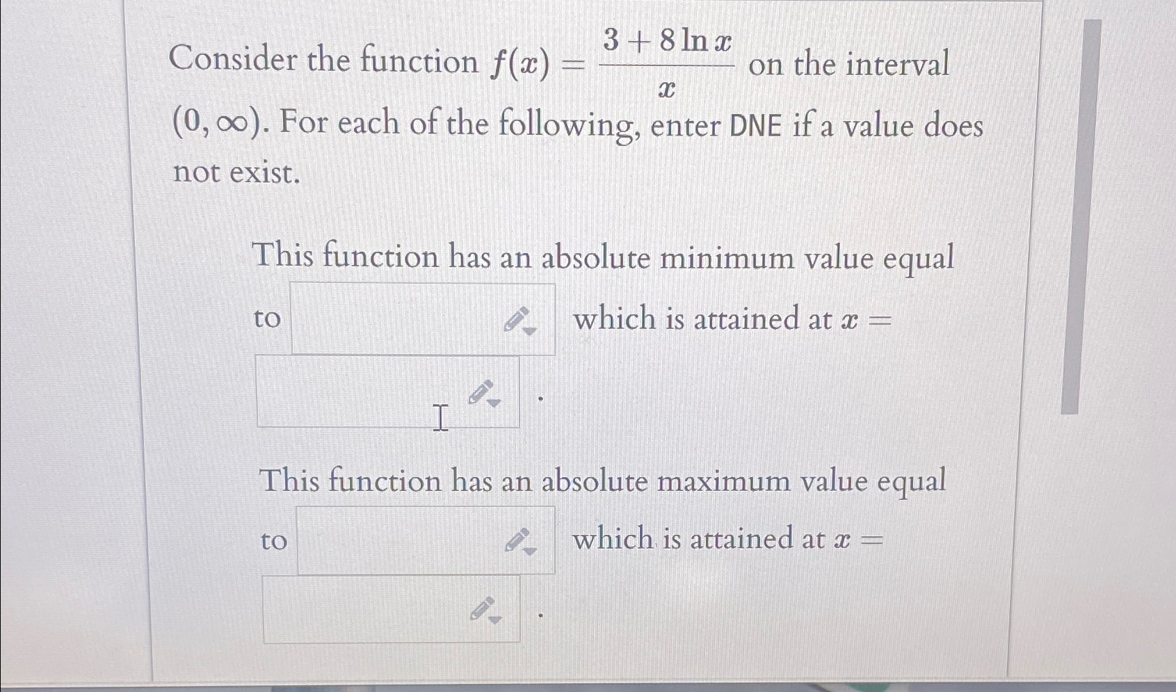Solved Consider the function f(x)=3+8lnxx ﻿on the interval | Chegg.com