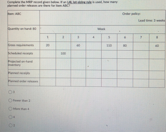 Solved Complete the MRP record given below. If an L4L | Chegg.com
