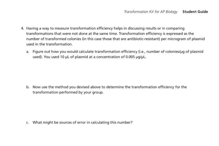 4. Having a way to measure transformation efficiency | Chegg.com