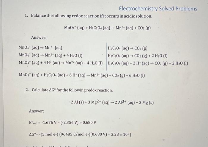 Solved Electrochemistry Solved Problems 1. Balance the | Chegg.com