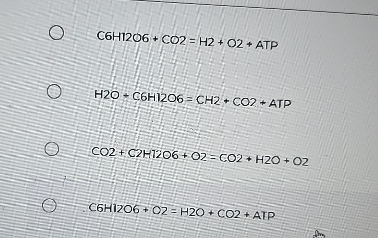 Solved C6H12O6+CO2=H2+O2+ ﻿ATP H2O+C6H12O6=CH2+CO2+ ﻿ATP | Chegg.com