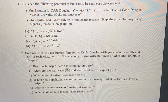 Solved 1. Consider the following production functions. In | Chegg.com