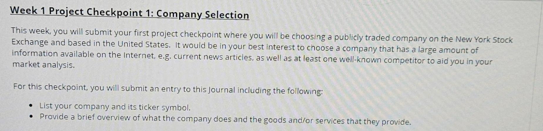 Solved Week 1 ﻿Project Checkpoint 1: Company SelectionThis | Chegg.com