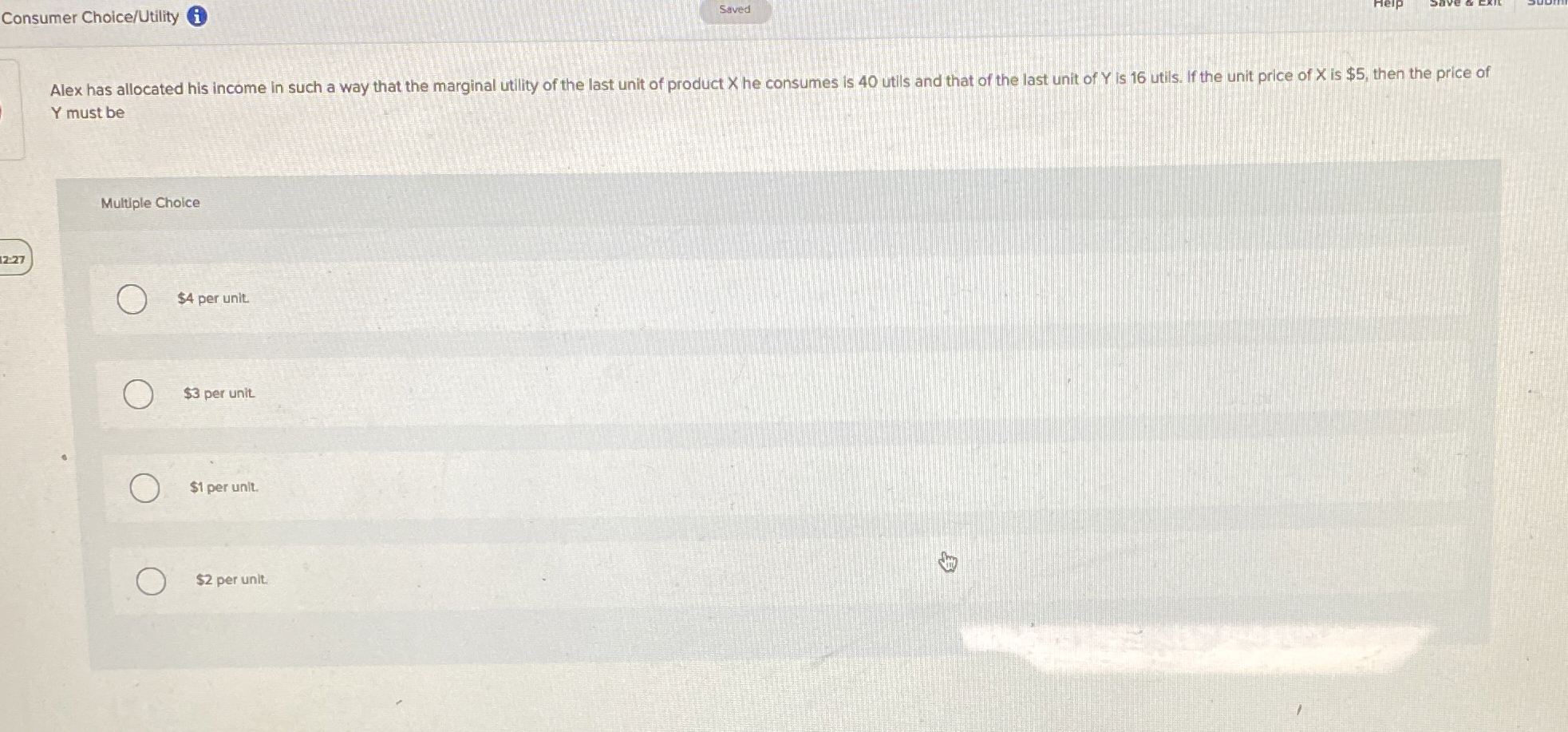 Solved Consumer Choice/UtilitySavedAlex has allocated his | Chegg.com