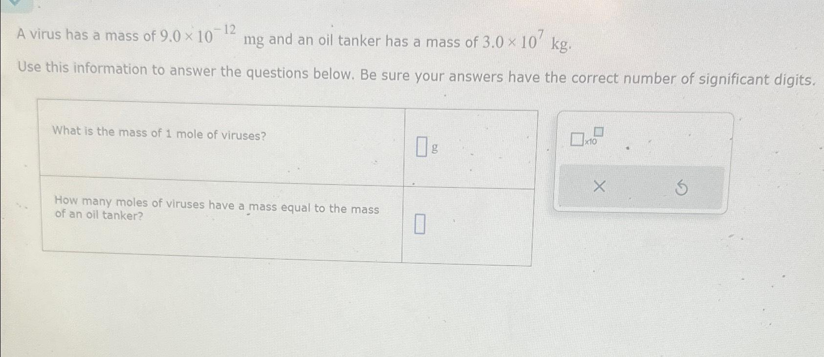 Solved A virus has a mass of 9.0×10-12mg ﻿and an oil tanker | Chegg.com