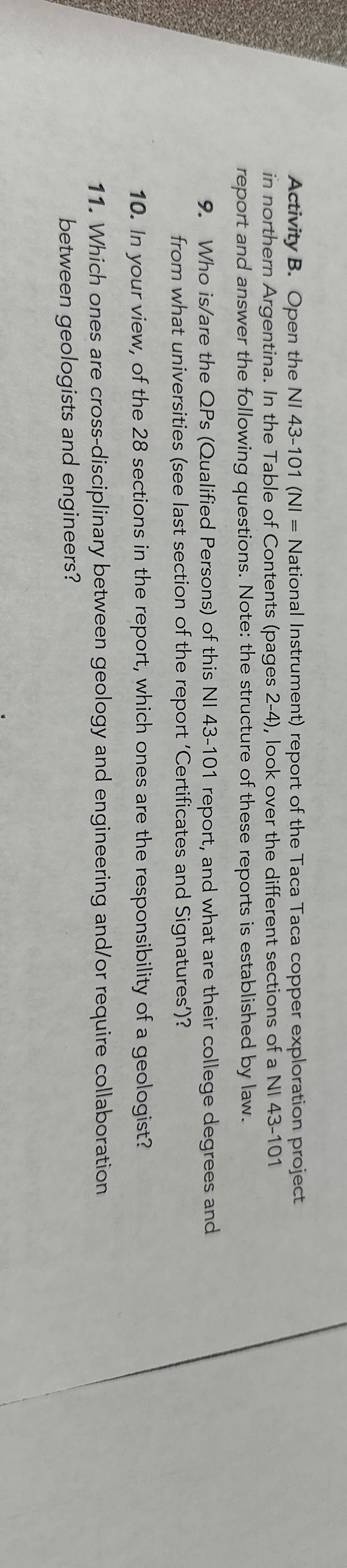 Solved Activity B. ﻿Open the NI 43-101 (NI = ﻿National | Chegg.com