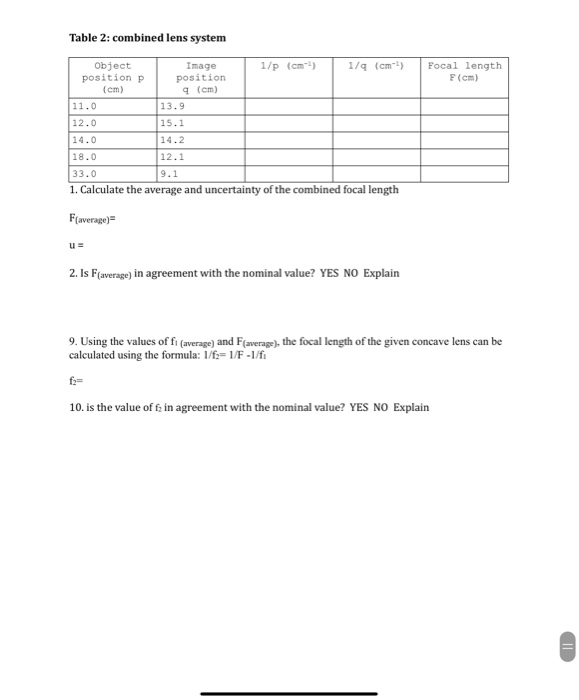 Solved Name Class Section Nominal Focal length of convex | Chegg.com