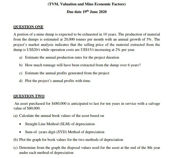 Solved (TVM, Valuation and Mine Economic Factors) Due date | Chegg.com