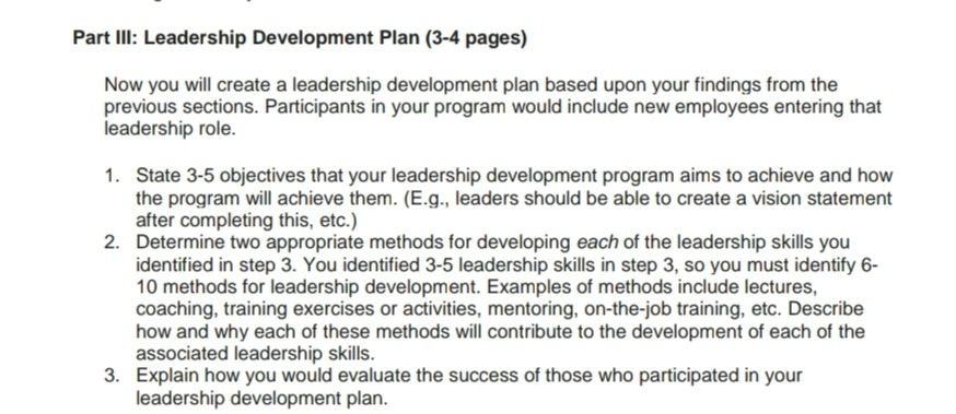 Solved Part Ill: Leadership Development Plan (3-4 pages) Now | Chegg.com