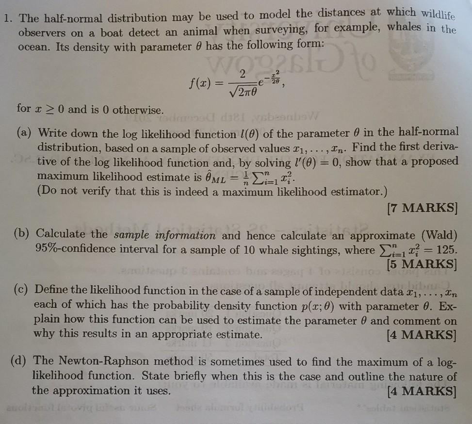 Solved 1. The half-normal distribution may be used to model | Chegg.com