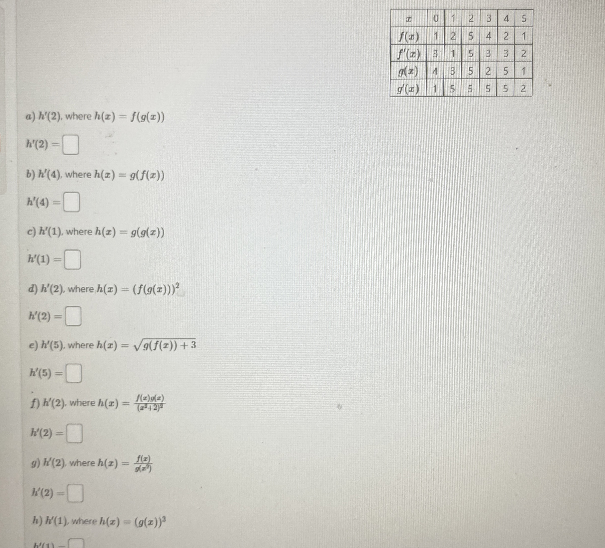 Solved a) h'(2), ﻿where h(x)=f(g(x))h'(2)=b) h'(4), ﻿where | Chegg.com
