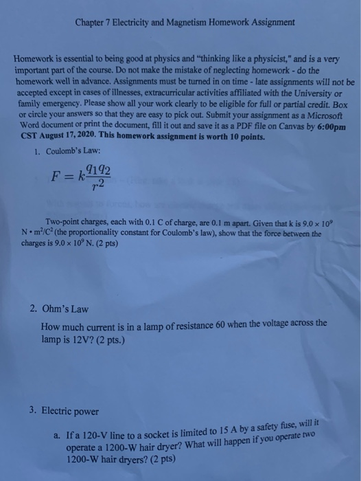 Solved Chapter 7 Electricity and Magnetism Homework | Chegg.com