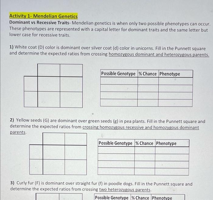 Solved Activity 1- Mendelian Genetics Dominant vs Recessive | Chegg.com