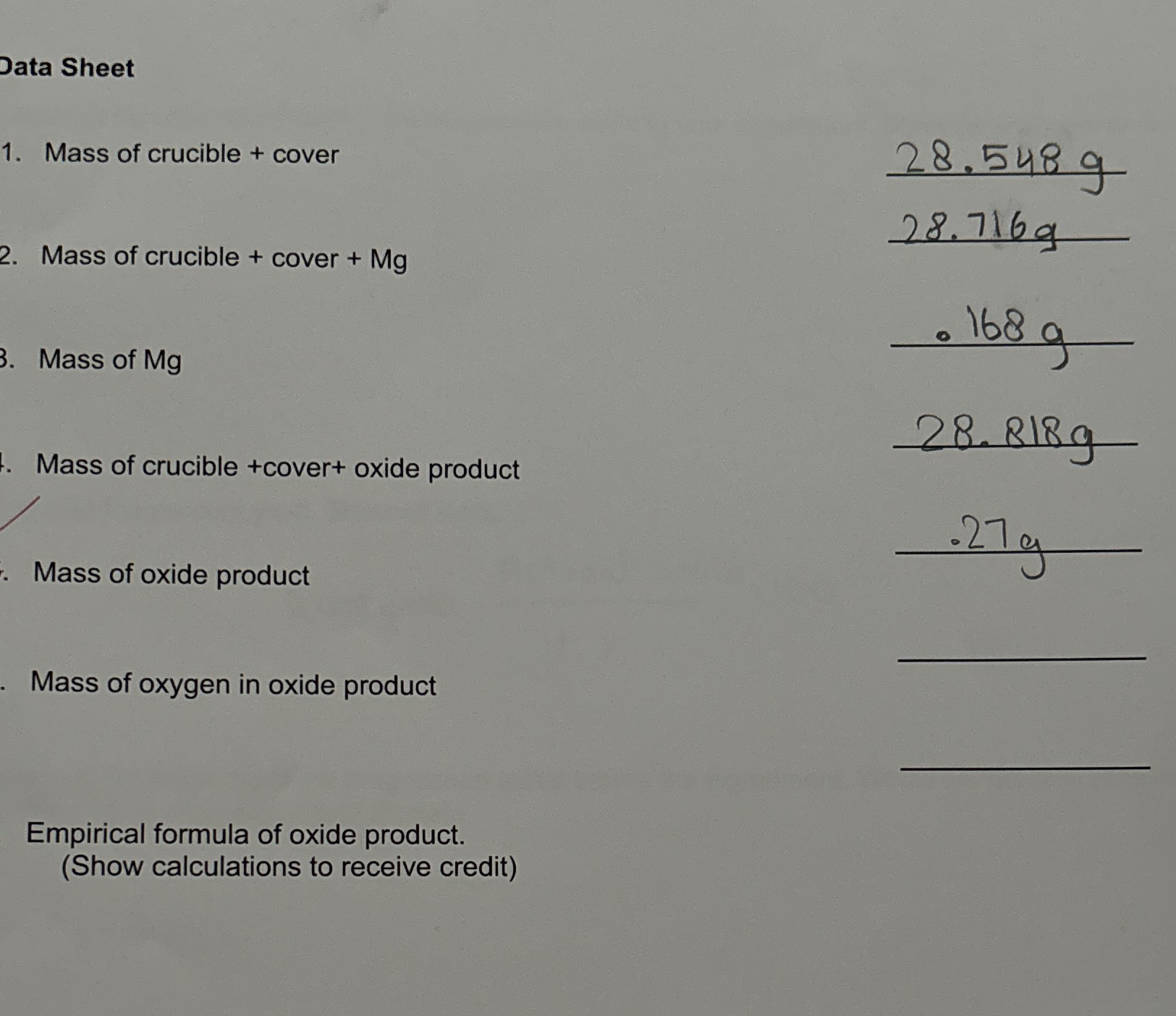 Solved Data SheetMass of crucible + ﻿coverMass of crucible + | Chegg.com