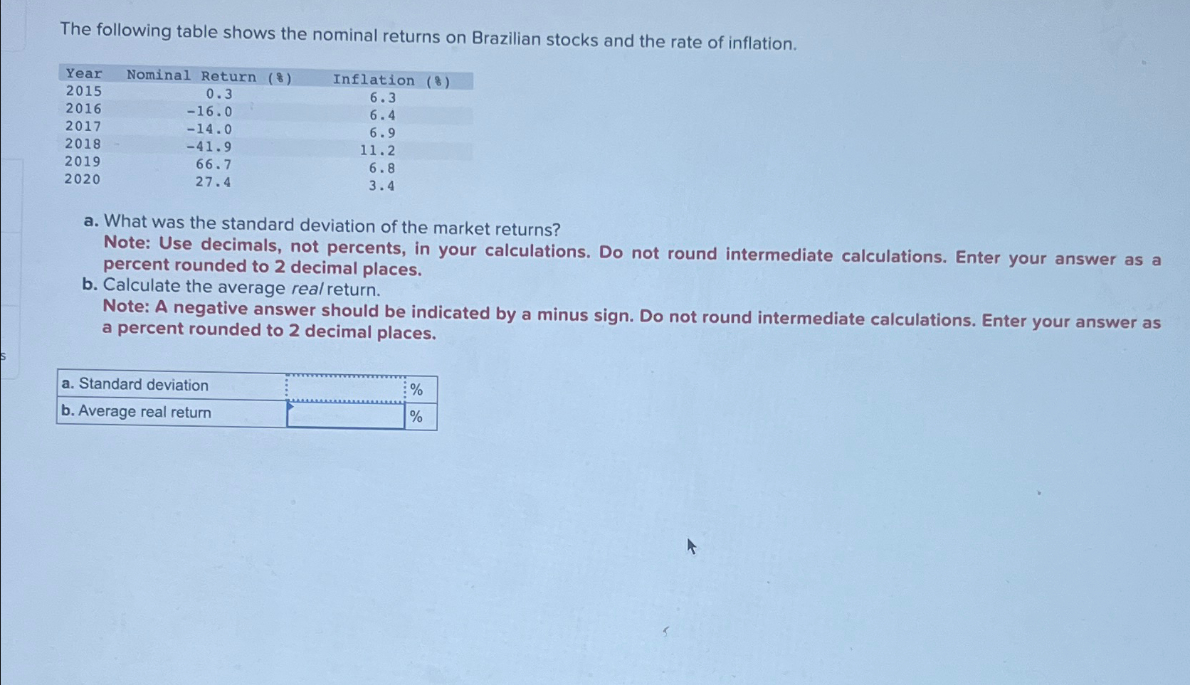 Solved The following table shows the nominal returns on | Chegg.com