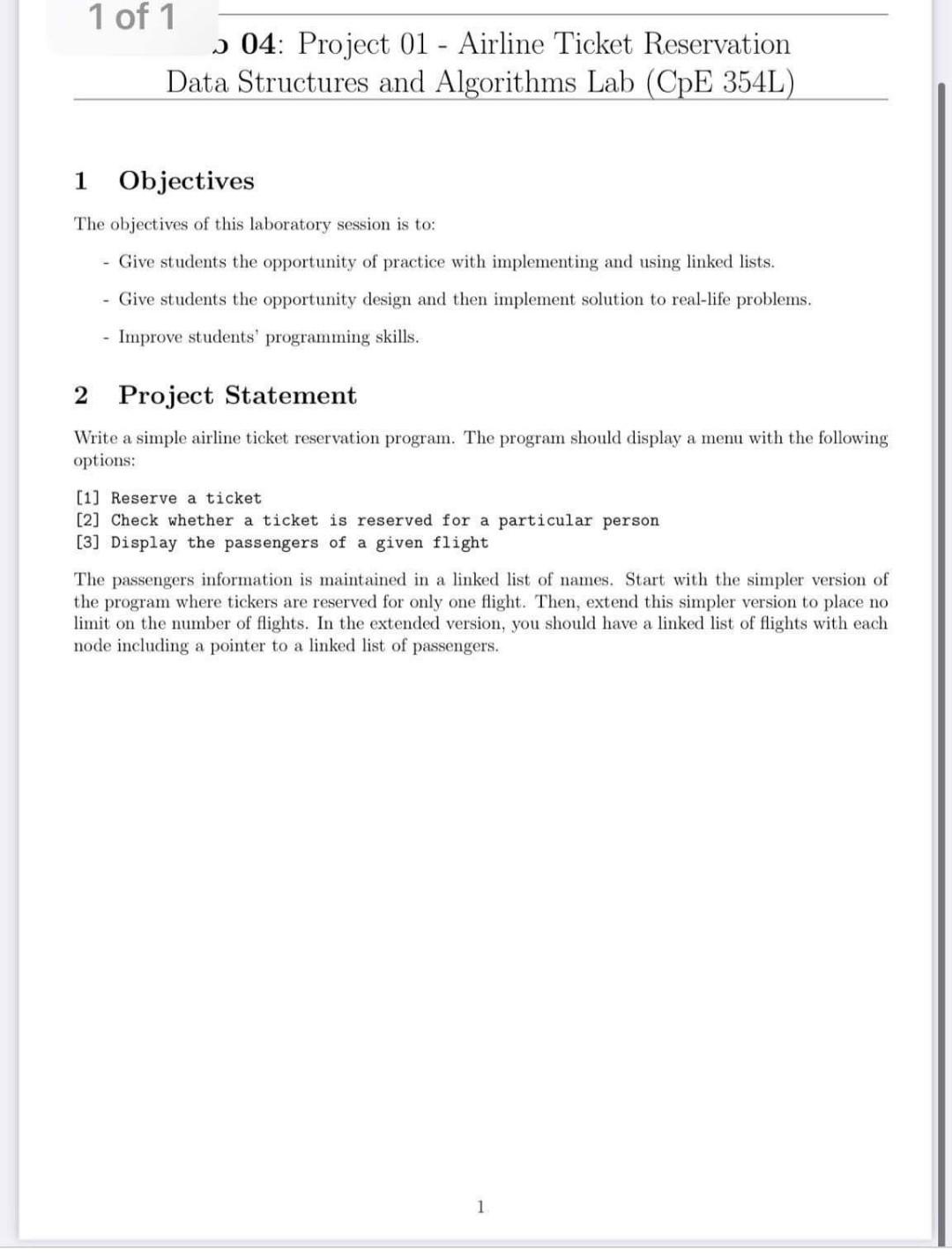 Solved 1 of 1 04: Project 01 - Airline Ticket Reservation | Chegg.com