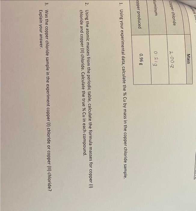 Solved 1. Using your experimental data, calculate the \% Cu | Chegg.com