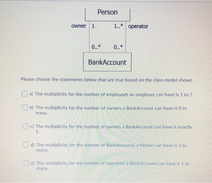 Solved 0..* 0..* BankAccount Please choose the statements | Chegg.com