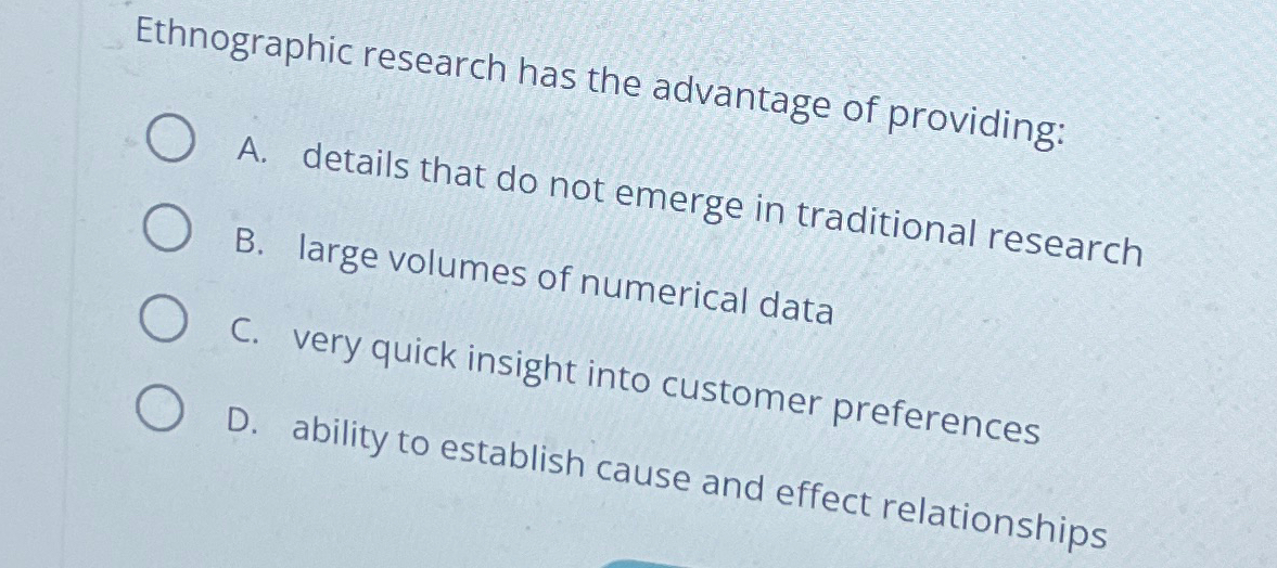 Solved Ethnographic research has the advantage of | Chegg.com