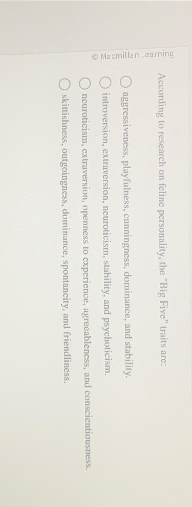 Solved According to research on feline personality, the "Big | Chegg.com