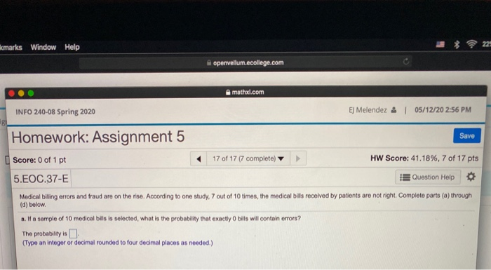 Solved kmarks Window Help openvellum.ecollege.com matha.com | Chegg.com