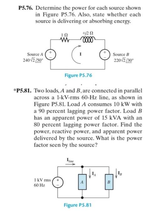 Solved P5.76. Determine the power for each source shown in | Chegg.com
