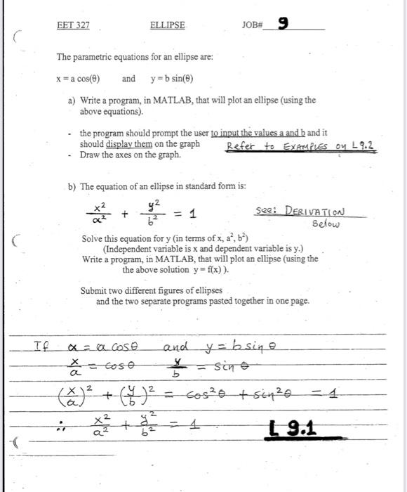 Solved EET 327 ELLIPSE JOB# 9 The parametric equations for | Chegg.com
