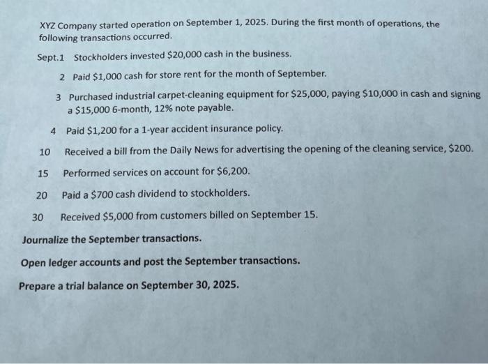 Solved XYZ Company started operation on September 1, 2025. | Chegg.com